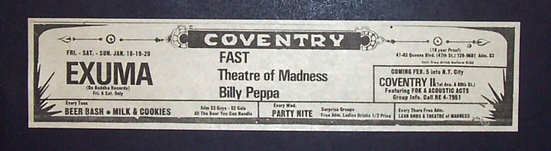 The Fast (Glam Band) Exuma Coventry Rock Club NYC 1974 Concert Ad (Man ...