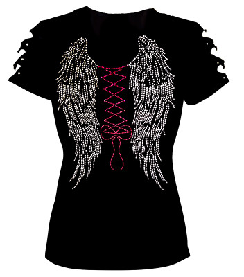 Bling Angel Wings Corset Tie Up Rhinestone T-Shirt Ripped Cut Out Short ...
