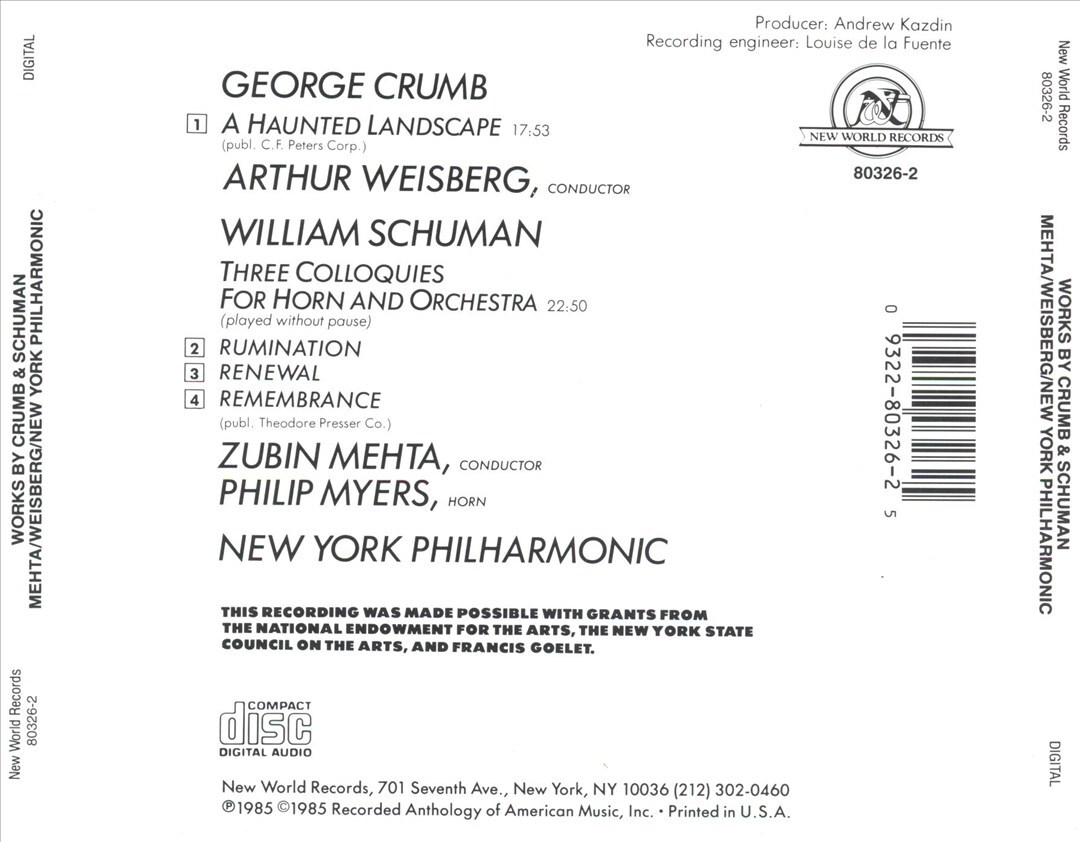 NEW YORK PHILHARMONIC GEORGE CRUMB: A HAUNTED LANDSCAPE; WILLIAM ...