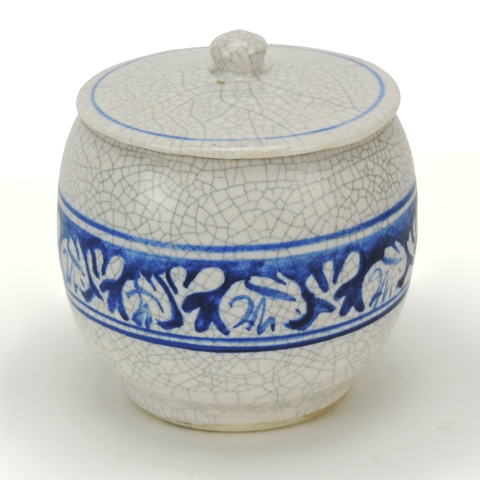 Dedham Pottery antique 4.75" rabbit covered marmalade jar blue & white ...