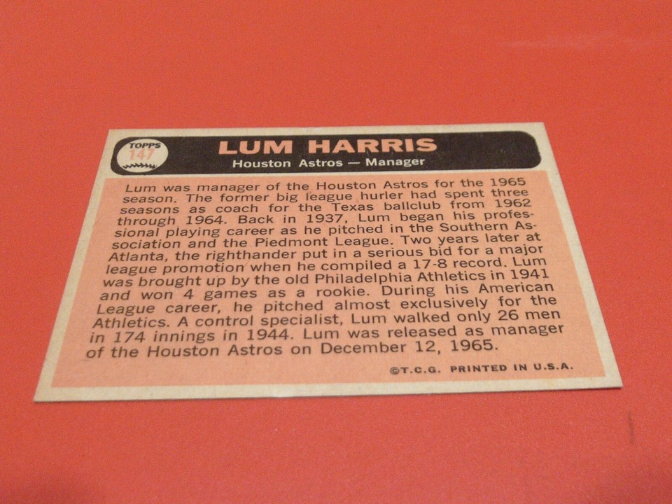 1966 TOPPS # 147 LUM HARRIS ASTROs NEAR MINT / MINT OR BETTER !! | eBay