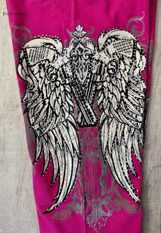 Womens CRYSTAL PLUS SIZE PINK ANGEL WINGS PISTOLS SWEATPANTS PANTS 1X ...