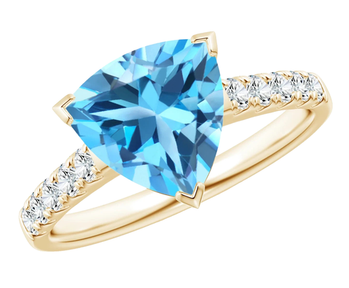 14K Solid Gold Swiss Blue Topaz and Diamonds Cocktail Ring Trillion Cut ...