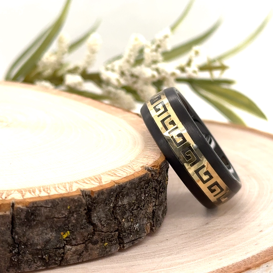 8mm Black Tungsten Engagement Ring Gold Greek Key Inlay Band For ...