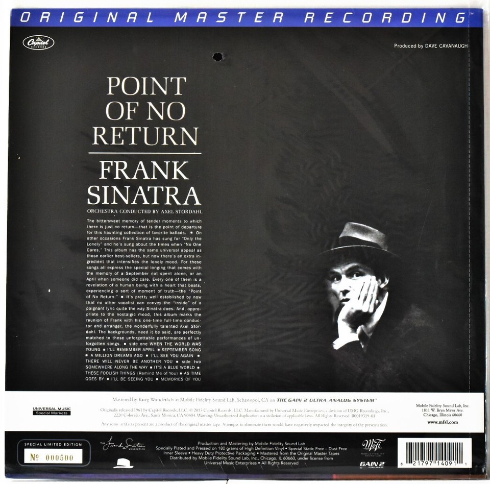 AUDIOPHILE MOBILE FIDELITY MFSL 409 SINATRA "Point of No Return" 180g ...