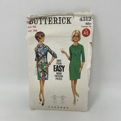 Vintage Sewing Pattern Butterick 4312 Mod Era One Piece Dress Size 16 ...
