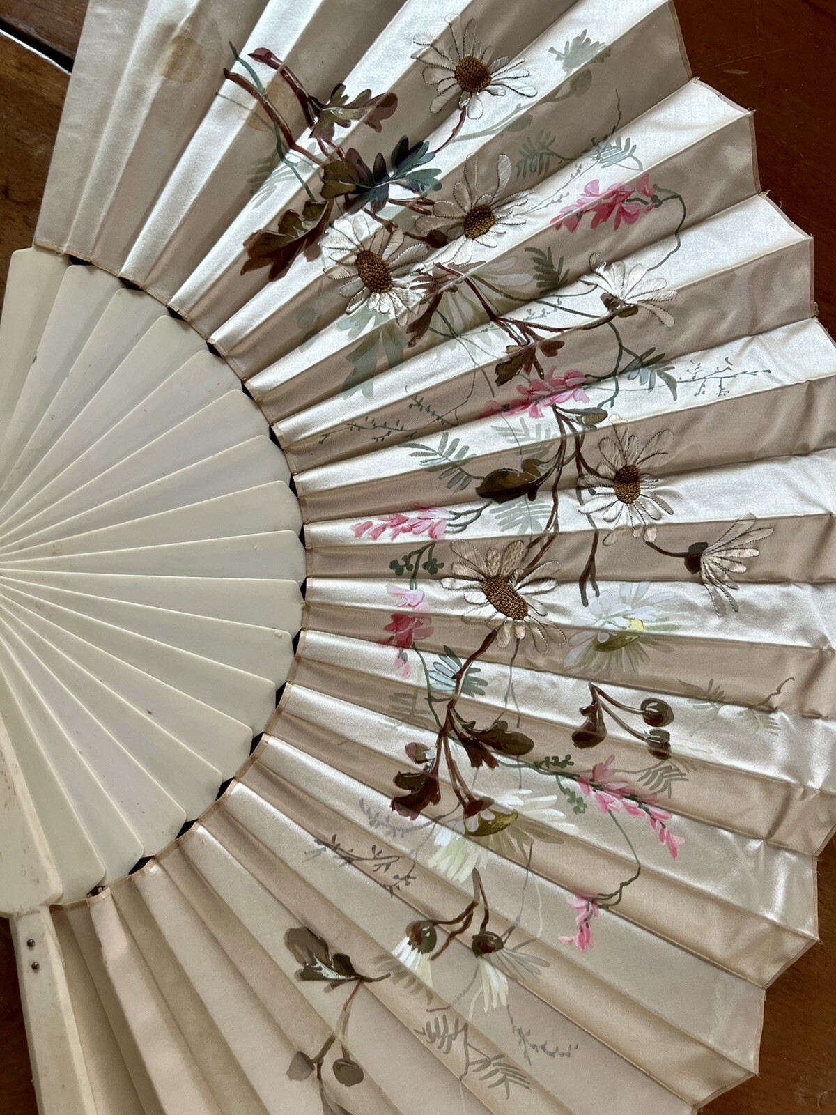 Large Intricately Embroidered Victorian Fan w/ Ivory … - Gem
