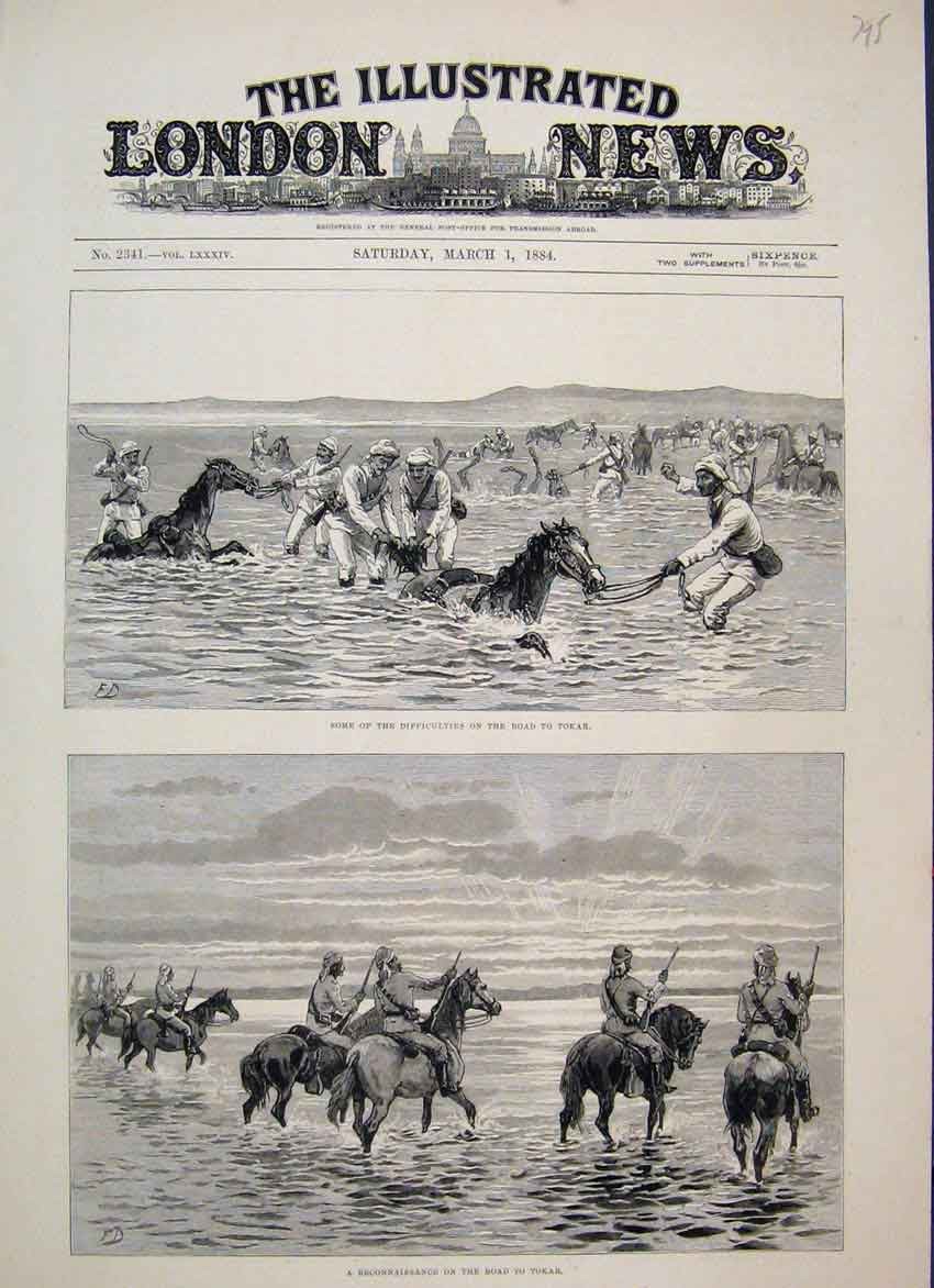 Original Old Antique Print 1884 War Soudan Horse Water Tokar ...