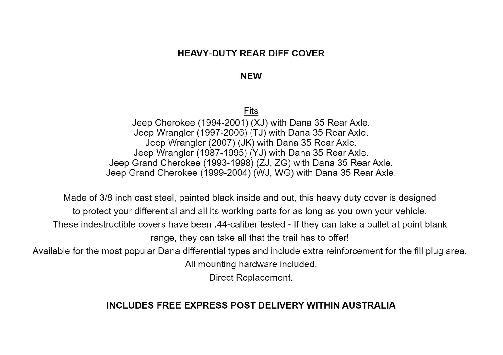 JEEP CHEROKEE XJ H/DUTY REAR DIFF COVER NEW for 1994-2001 CHEROKEE DANA ...