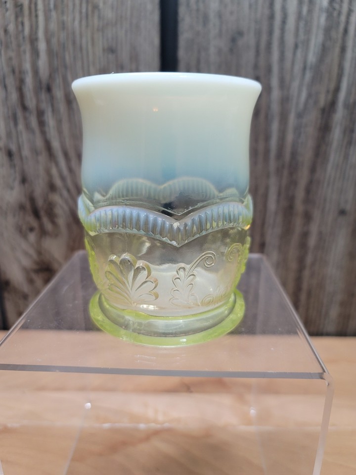 Flint Vaseline Opalescent Uranium Glass Wreath Shell Tumbler / Spooner ...