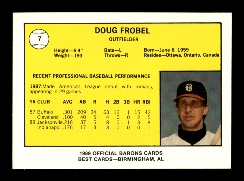 1989 Best # 7 Doug Frobel Card (ML) Birmingham Barons Chicago White Sox ...