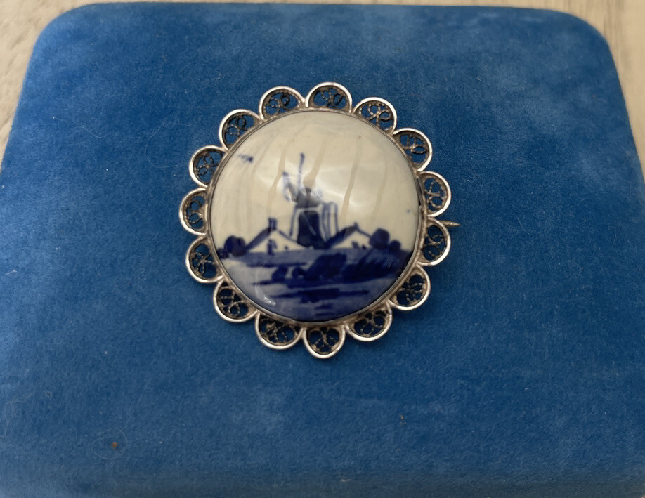 Vintage Delft Brooch 835 Silver Hand painted Windmill | eBay