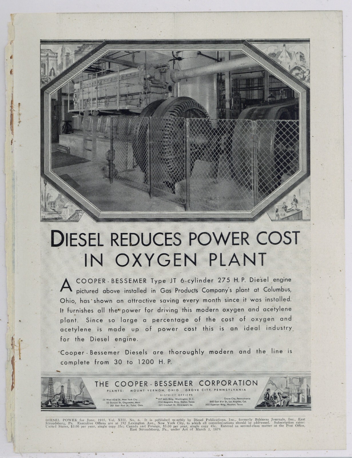 1935 Cooper Bessemer Ad: JT6 Cylinder Diesel Engine - Gas Products ...