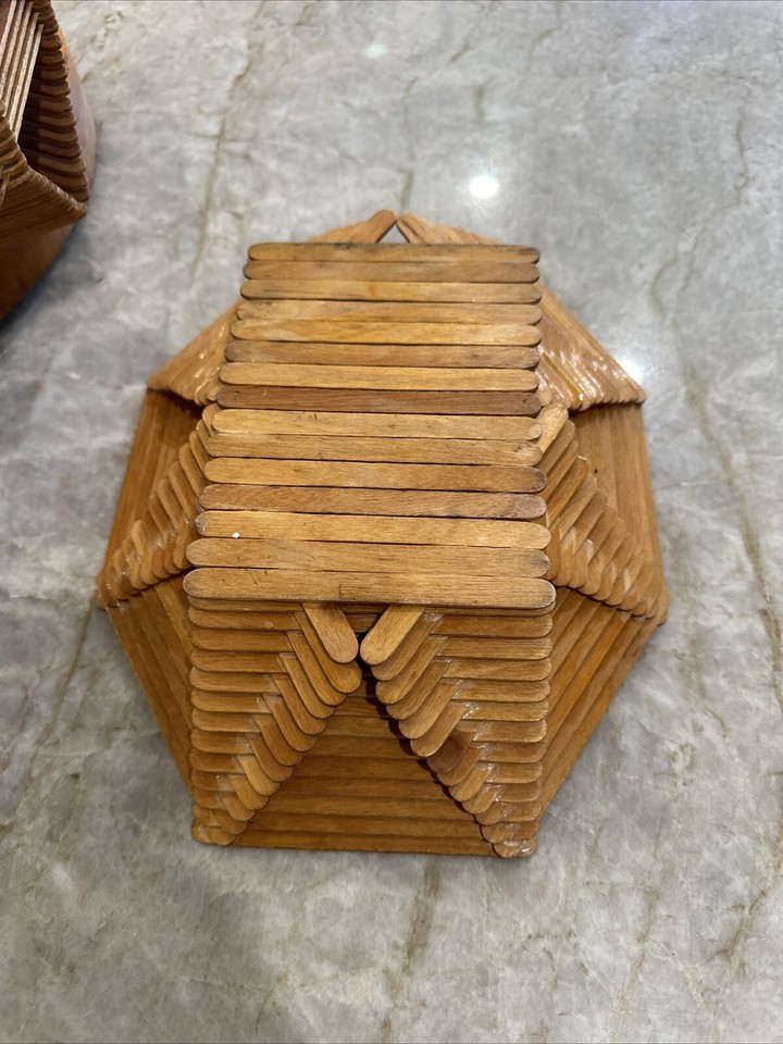 VINTAGE HAND MADE WOOD POPSICLE PURSE BAG W WOOD BEAD HANDLE & Bowl | eBay