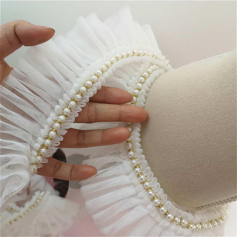 2M Pearl Beaded and Lace Net Ruffle Edge Frill Sewing Trim Dress Craft ...