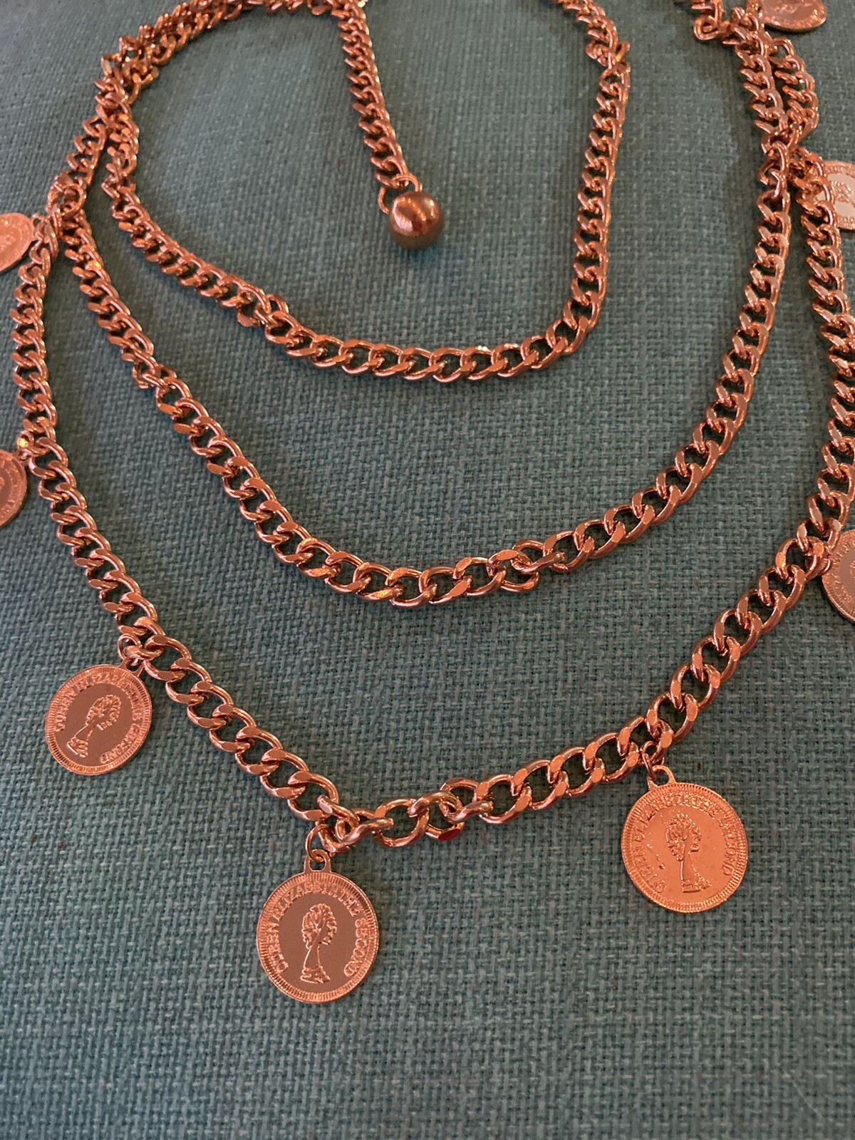 Vintage Queen Elizabeth II Faux Gold Coin Chain Belt Necklace Multi ...