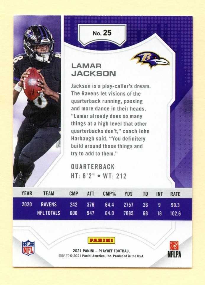 2021 Panini Playoff Football Lamar Jackson base card #25 Baltimore ...