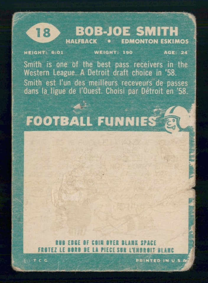 BOB-JOE SMITH UER 1960 TOPPS CFL 60 NO 18 POOR+ 63347 | eBay