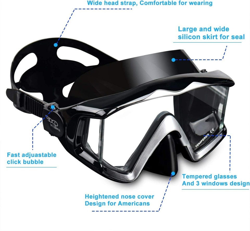 Scuba Diving Mask Tempered Glass Lens Swim Goggles Snorkeling Panoramic ...