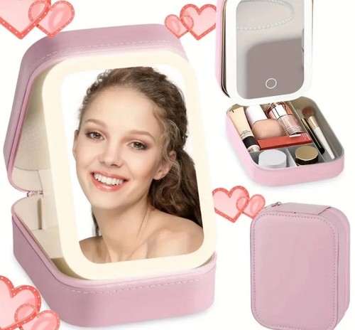 Pink Lighted Mirror Travel Case Make-up Case Jewelry Box Rechargeable ...