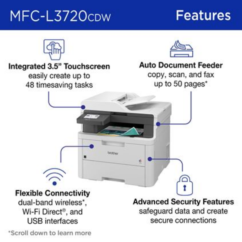 Brother MFC-L3720CDW Wireless Color Laser All-in-One Printer Duplex ...