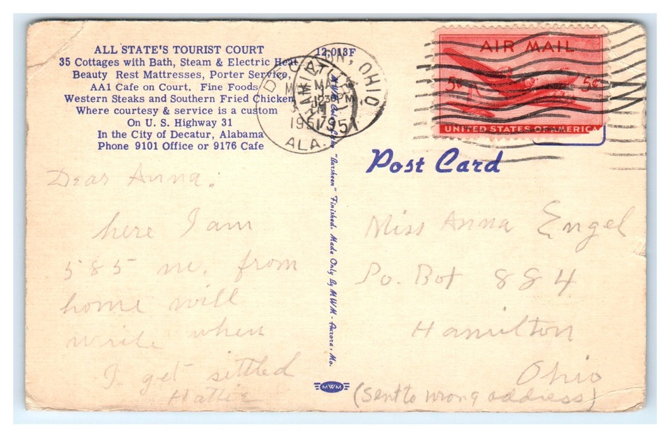 1951 Decatur, AL Postcard- ALL STATES TOURIST COURT | eBay