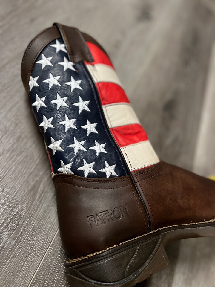 MEN'S WORK BOOTS USA AMERICAN FLAG STEEL TOE SQUARE COWBOY GENUINE ...