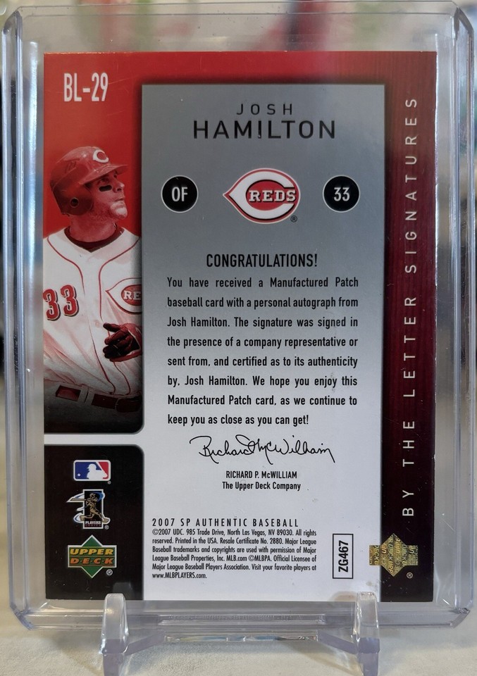 2007 SP Authentic By the Letter #BL-29 Josh Hamilton Patch AUTO 10/10 ...