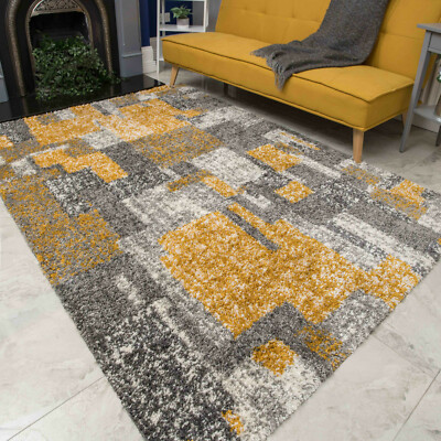 Ochre Yellow Shaggy Rug Geometric Mustard Rugs Non Shed Warm Living ...