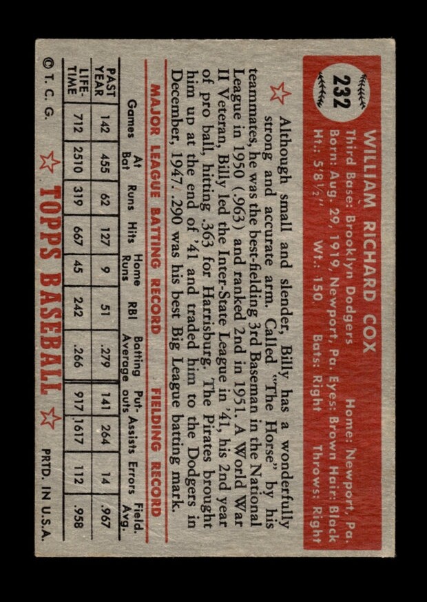 1952 Topps Set-Break #232 Billy Cox VG-VGEX *GMCARDS* | eBay