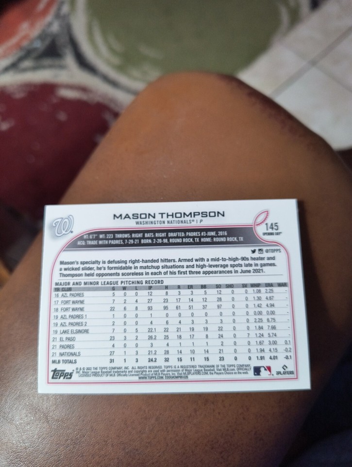 MASON THOMPSON 2022 TOPPS OPENING DAY (RC) #145 FREE SHIPPING | eBay