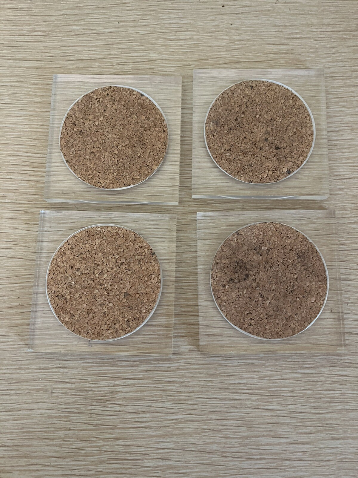 Mid century modern set of 4 clear acrylic/ lucite square coasters w ...