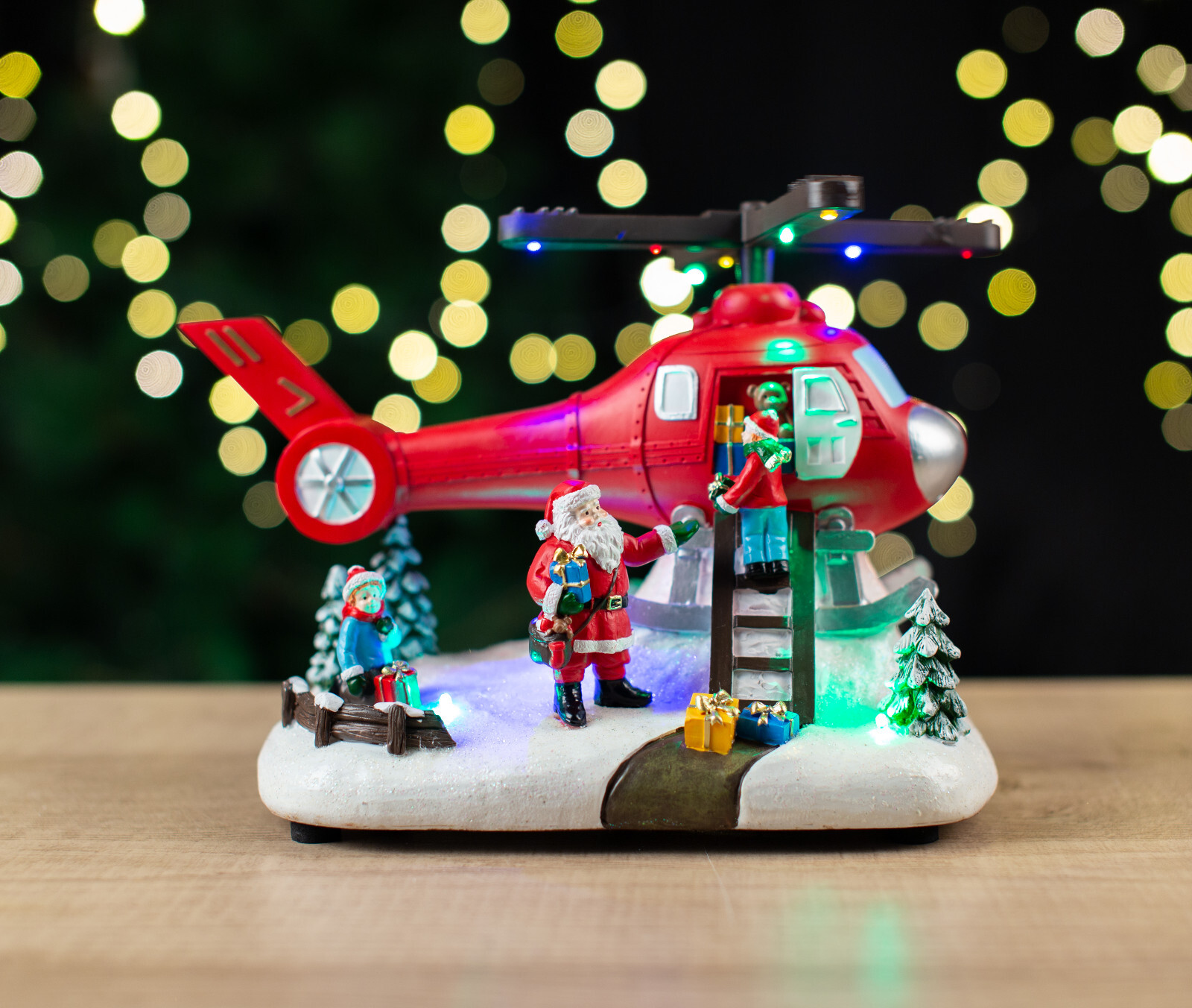 Musical Santa HELICOPTER Village Scene Ornament Christmas LED Lights ...