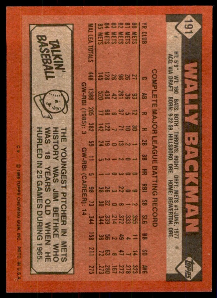 1986 Topps Baseball Card Wally Backman C New York Mets #191 | eBay