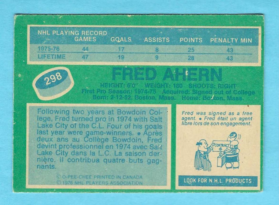 1976-77 OPC 298 Fred Ahern Cleveland Barons! ROOKIE! EXMT! *SET BREAK ...