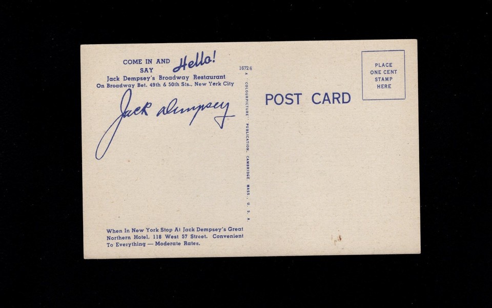 Jack Dempsey Jess Willard Knockout Postcard Broadway NY Restaurant ...