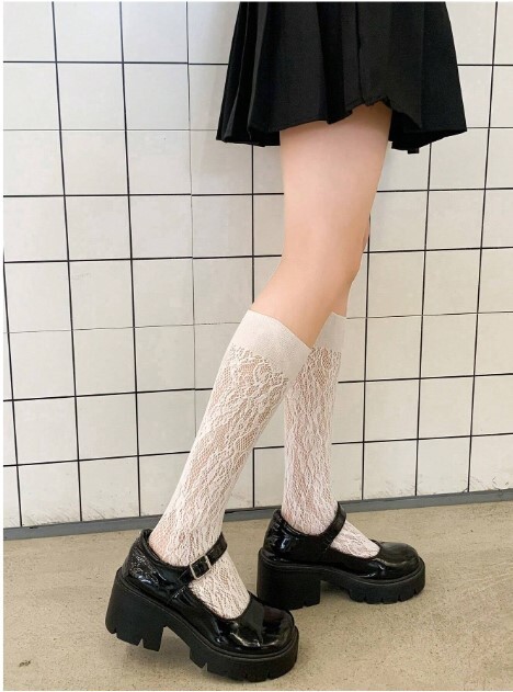 Kawaii sheer stretch lace mid calf lolita school girl socks white nip ...