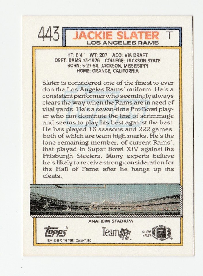 JACKIE SLATER 1992 Topps Football Card #443 LOS ANGELES RAMS | eBay