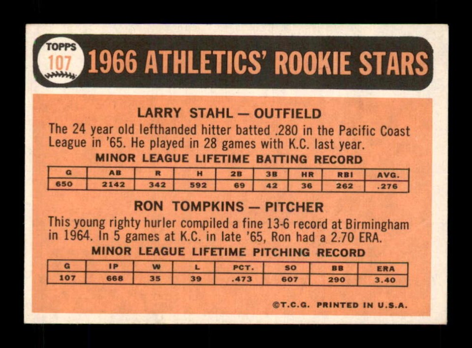1966 Topps #107 Larry Stahl/Ron Tompkins Rookie Stars VG/VGEX X2631271 ...