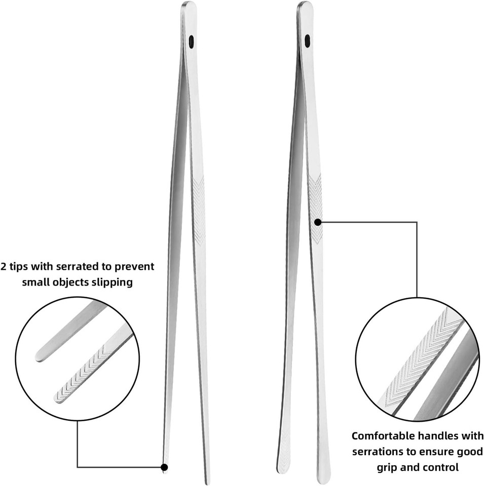 2PCS Cooking Tongs Tweezers 12" Stainless Steel Kitchen Utensils Metal ...