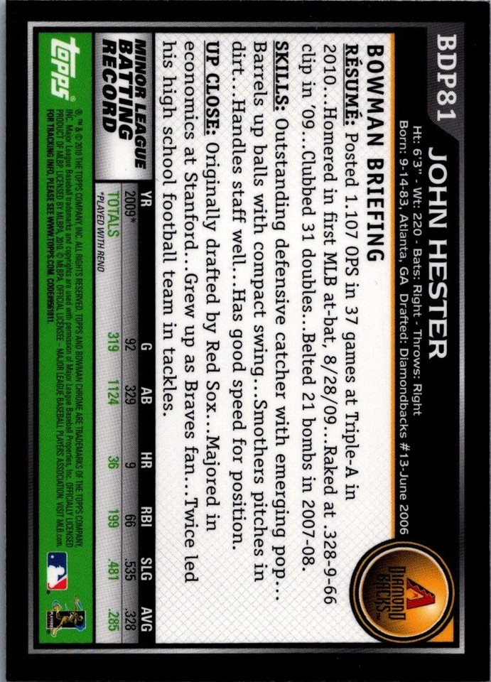 2010 Bowman Chrome Draft #BDP81 John Hester RC Arizona Diamondbacks | eBay