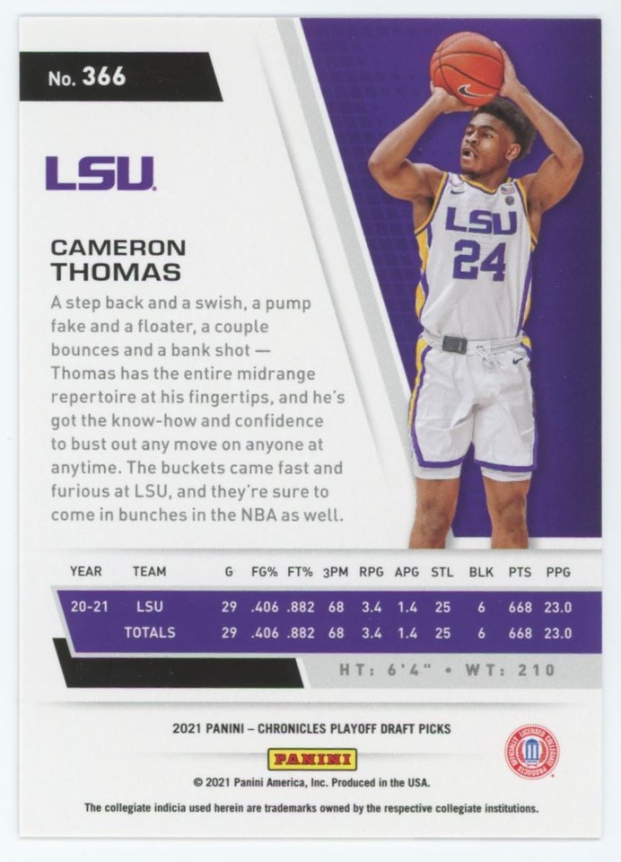 2021-22 PANINI CHRONICLES PLAYOFF DRAFT PICKS RC CAMERON THOMAS RC LSU ...