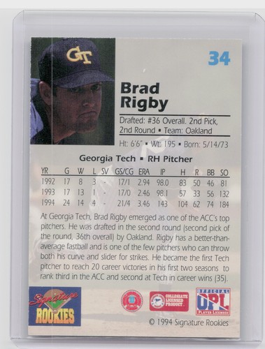 1994 Signature Rookies Draft Picks Brad Rigby AU SN7750 #34 Athletics ...
