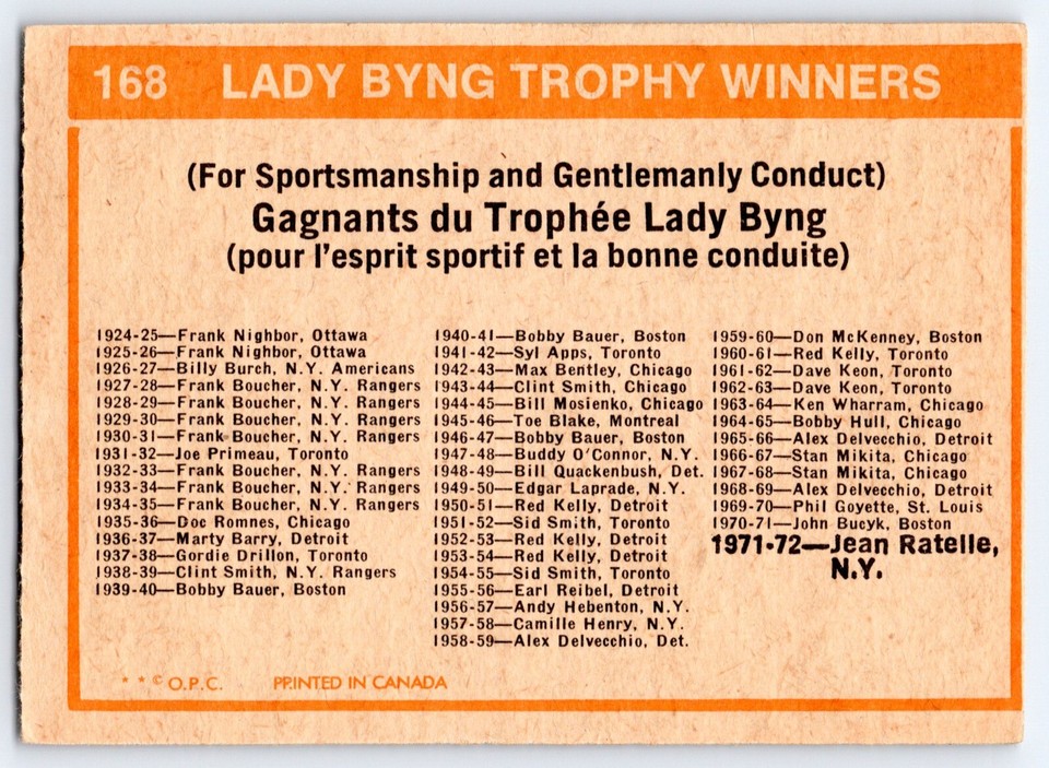 LADY BYNG TROPHY 1972-73 O-PEE-CHEE 72-73 NO 168 EX+ 52557 | eBay