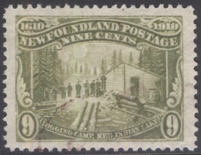 NEWFOUNDLAND 100 SG113 1911 9c OLIVE GREEN LOGGING CAMP JOHN GUY XF ...