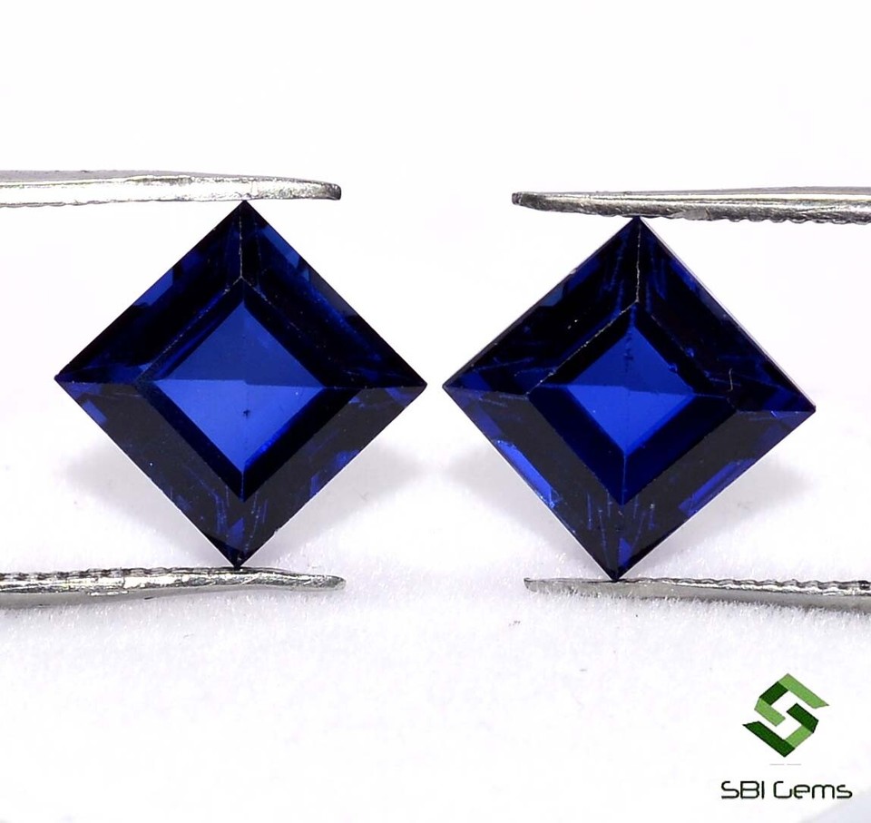 8x8 mm Blue Sapphire Color Square Cut Pair 6.85 Cts Lab-Created Loose ...