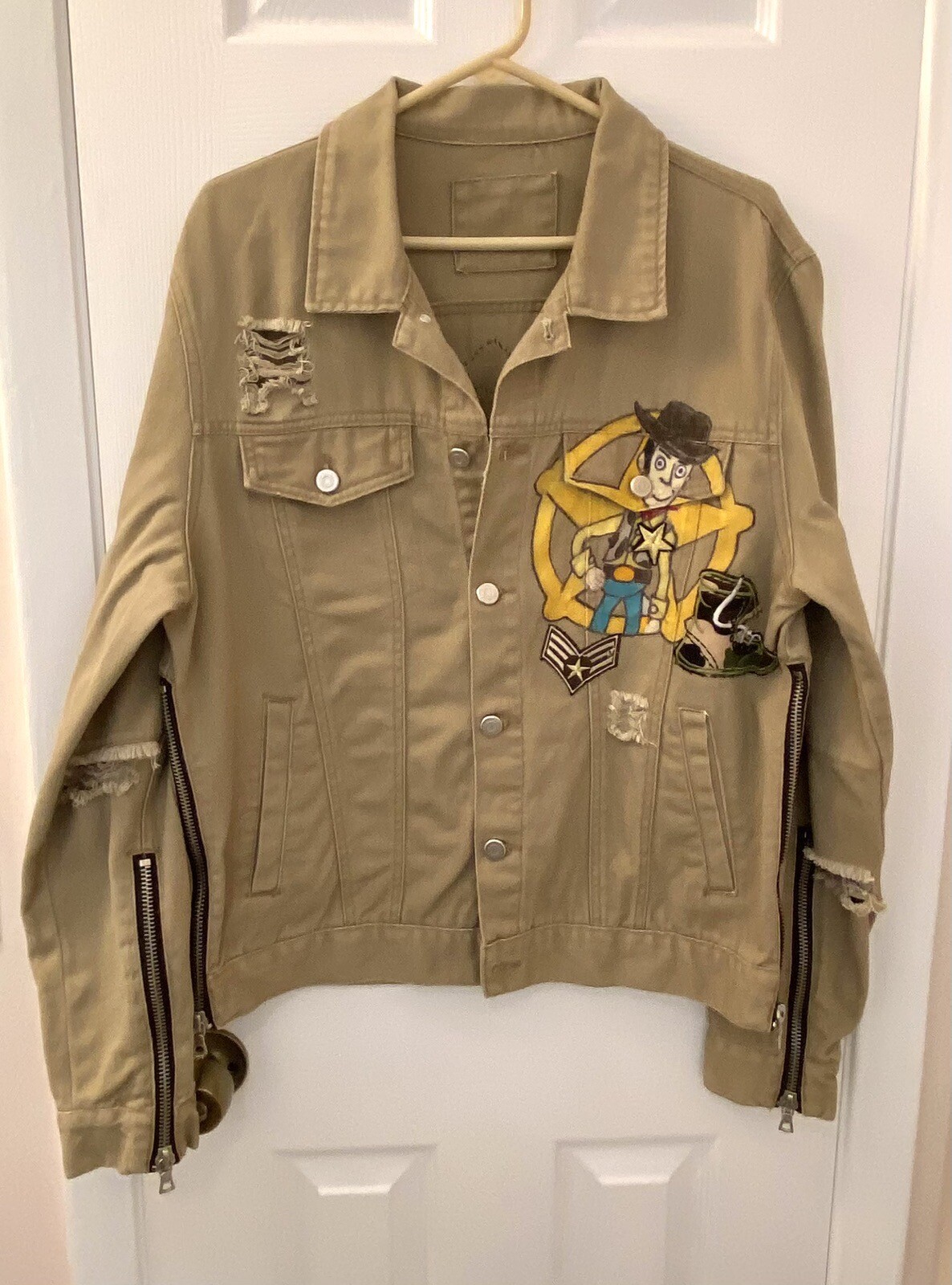 Hand Painted Toy Story BUZZ/WOODY Tan Jacket L Embro… - Gem