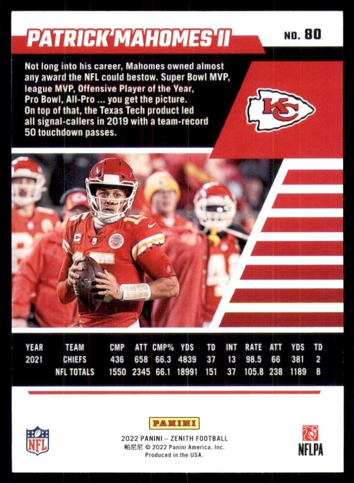 Patrick Mahomes 2022 Zenith Kansas City Chiefs #80 | eBay