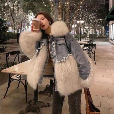 Women's Fashion Frayed Denim Faux Fur Stitching Loose Jacket Coat ...