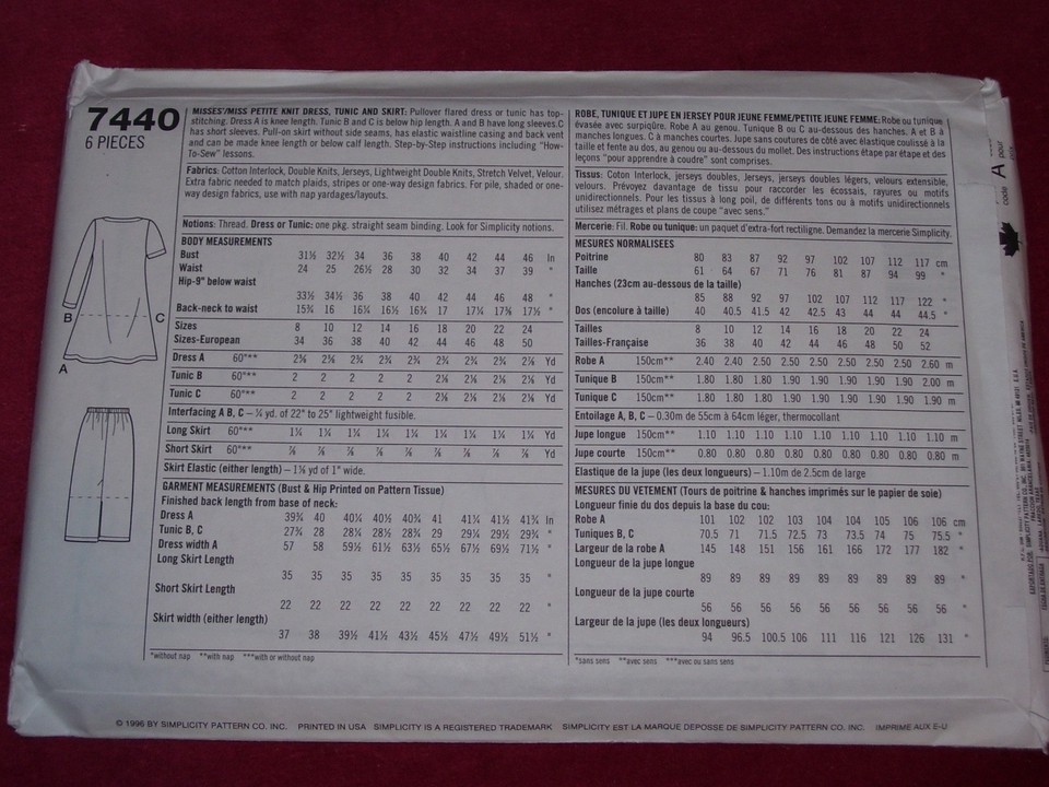 UNCIRCULATED 1996 SIMPLICITY #7440 - LADIES TUNIC-DRESS & SKIRT PATTERN ...